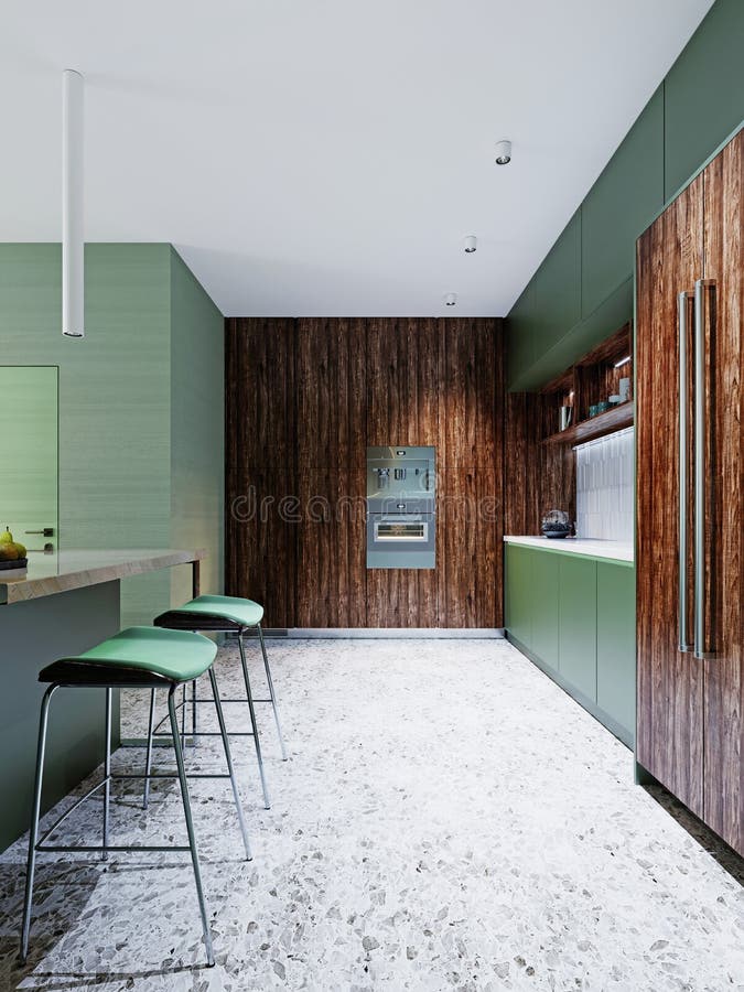 Design of a Modern Green Kitchen in Green and Brown Colors Stock ...