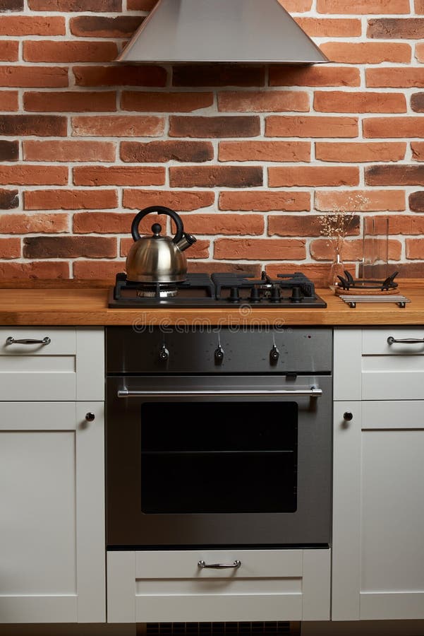 Design of modern kitchen stock photo. Image of brickwork - 105602250