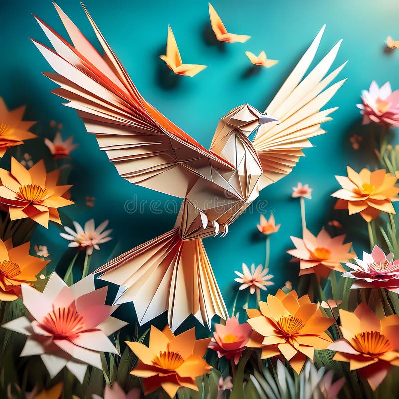 Design an Origami Bird Flying in a Flower Field Stock Illustration ...