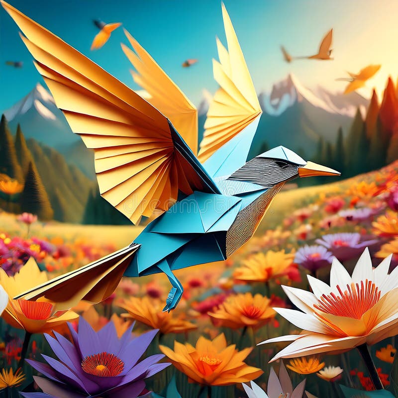 Design an Origami Bird Flying in a Flower Field Stock Illustration ...