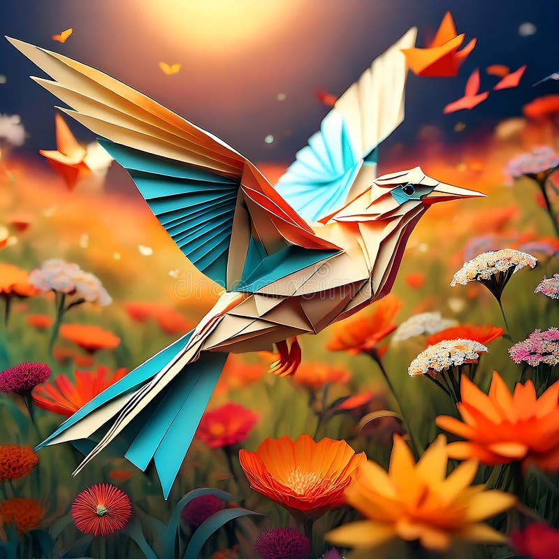 Design an Origami Bird Flying in a Flower Field Stock Illustration ...