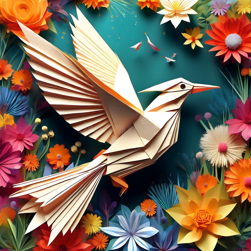Design an Origami Bird Flying in a Flower Field Stock Illustration ...