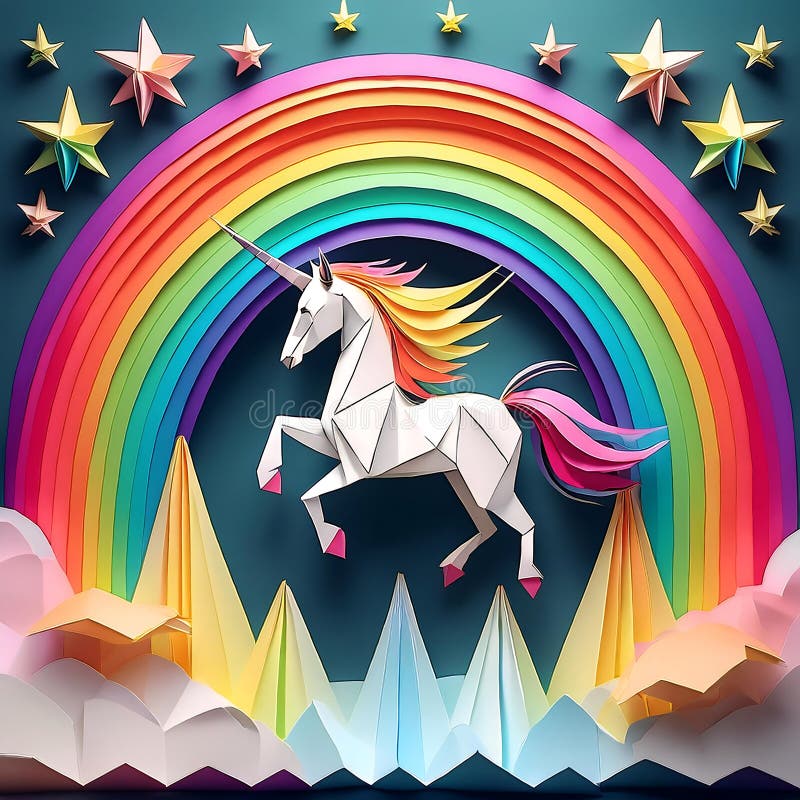 Design an Origami Unicorn Flying Over a Rainbow Stock Illustration ...