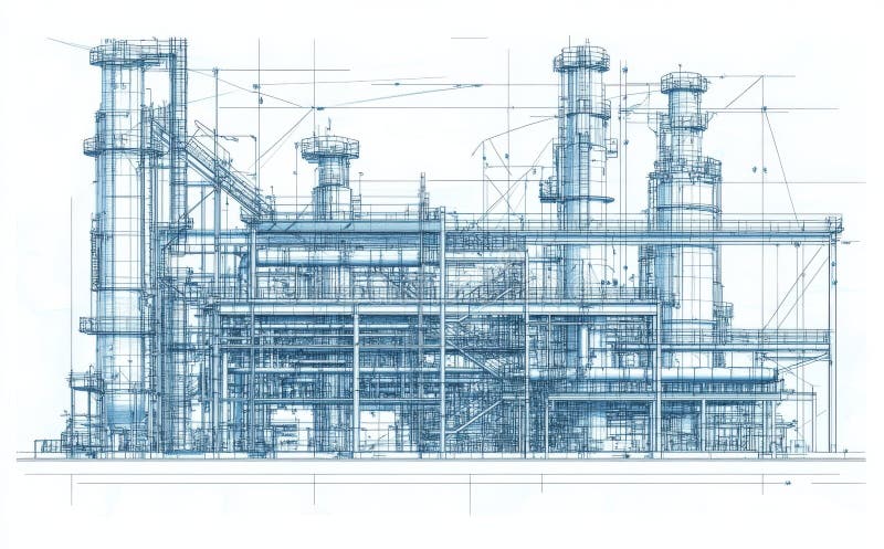 During the Design Phase, a Blueprint of an Industrial Facility Shows Pipes and Structural ...
