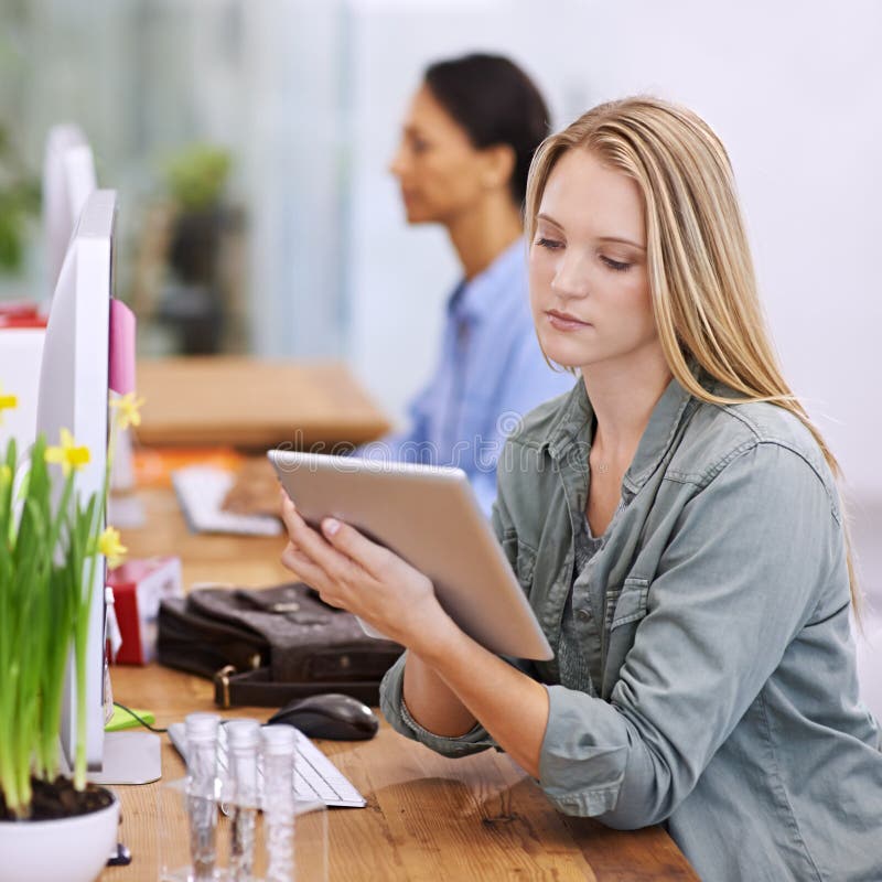 Design, Planning and Tablet with Business Woman in Office for Work on ...