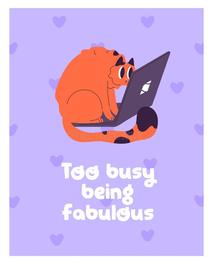 Design of Postcard with Cute Kitty, Computer, Comic Phrase. Amusing Cat ...