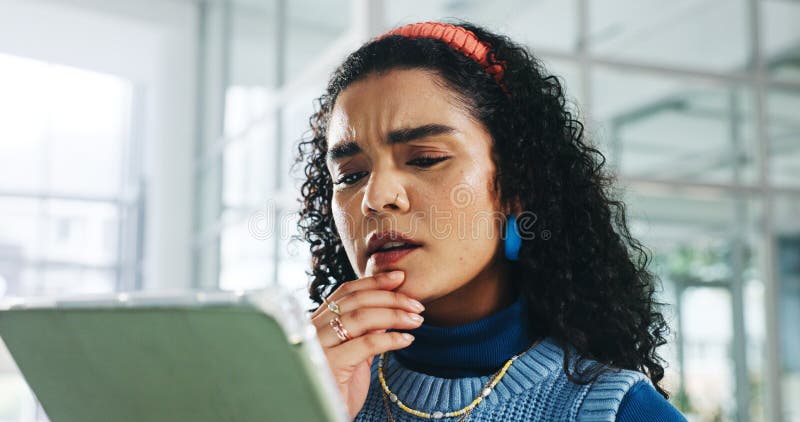 Design, Problem Solving and Tablet with Business Woman in Office for ...