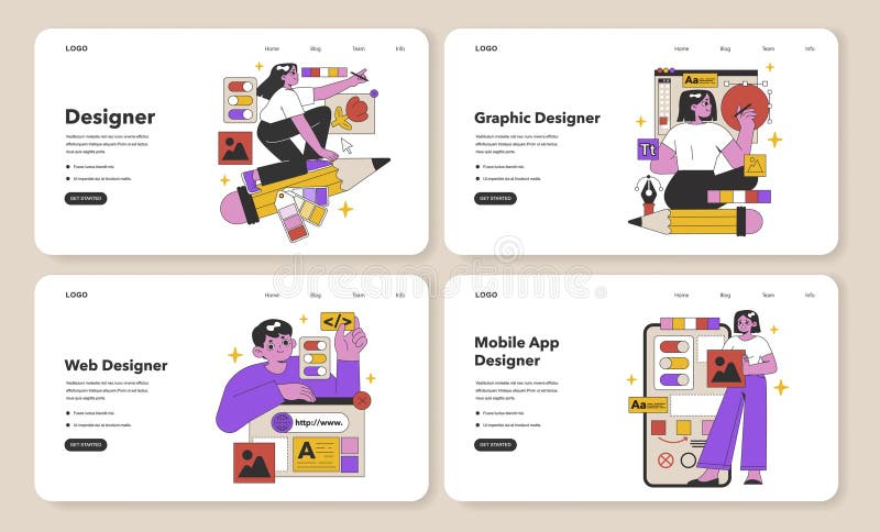 Design Professionals in Action Set. Flat Vector Illustration. Stock ...