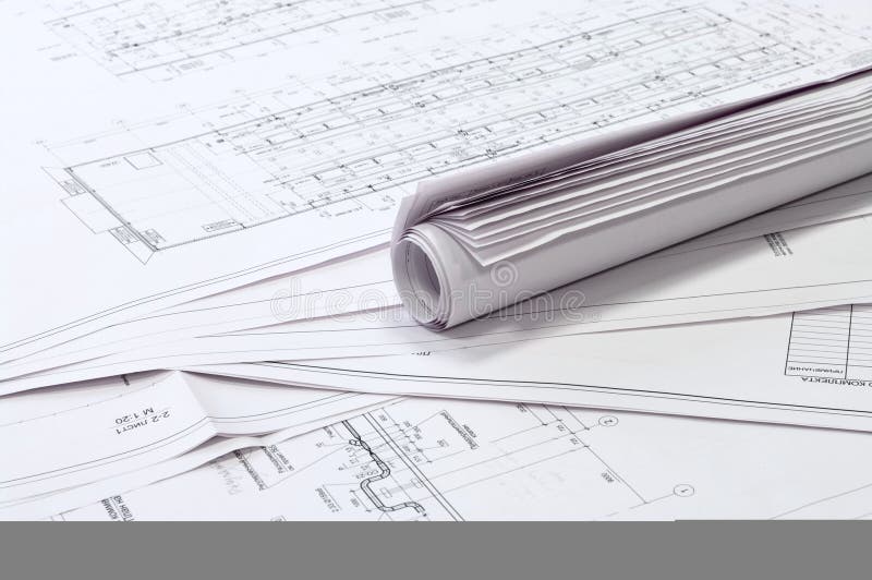 Rolled Papers of Design Drawings Stock Photo - Image of dimensioned ...