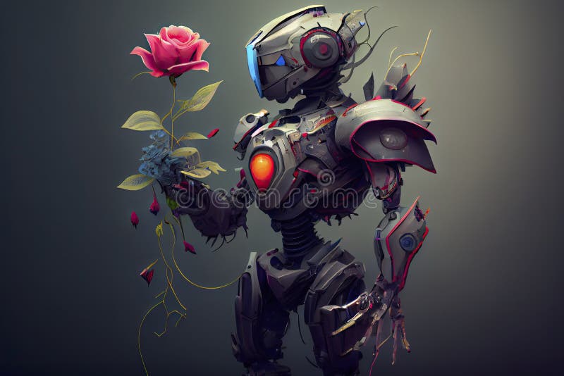 Design of a Robot Cyborg Holding a Flower Stock Illustration ...