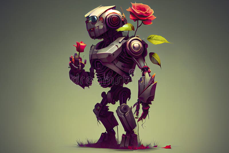Design of a Robot Cyborg Holding a Flower Stock Illustration ...