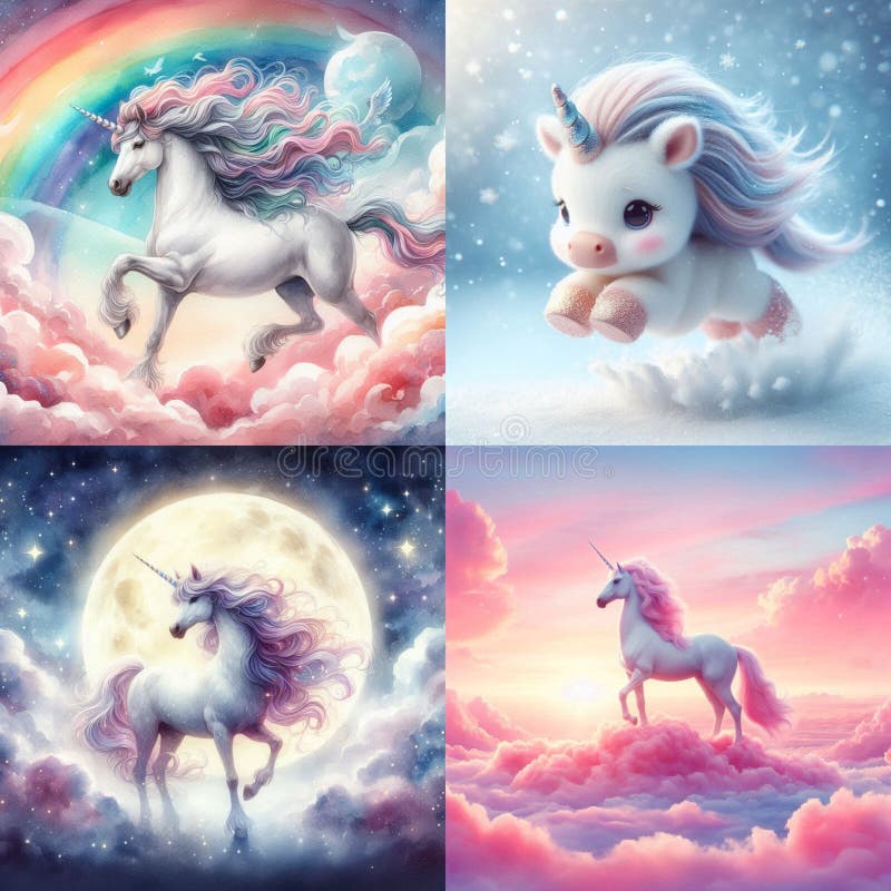 Watercolor unicorn collage stock illustration. Illustration of comics - 374358615