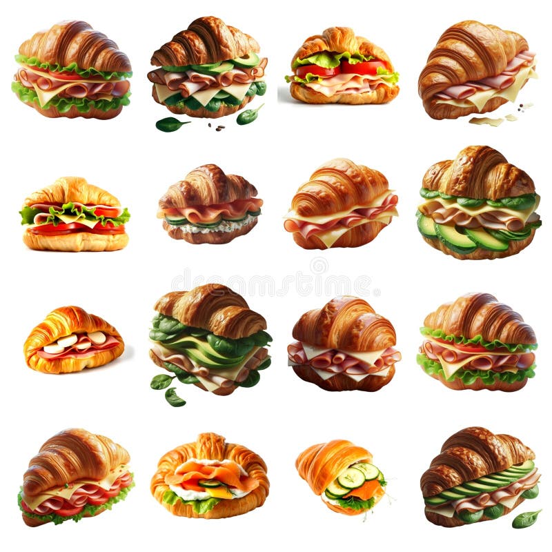 Collage of 16 Gourmet Croissant Sandwiches on White Background – Salmon ...