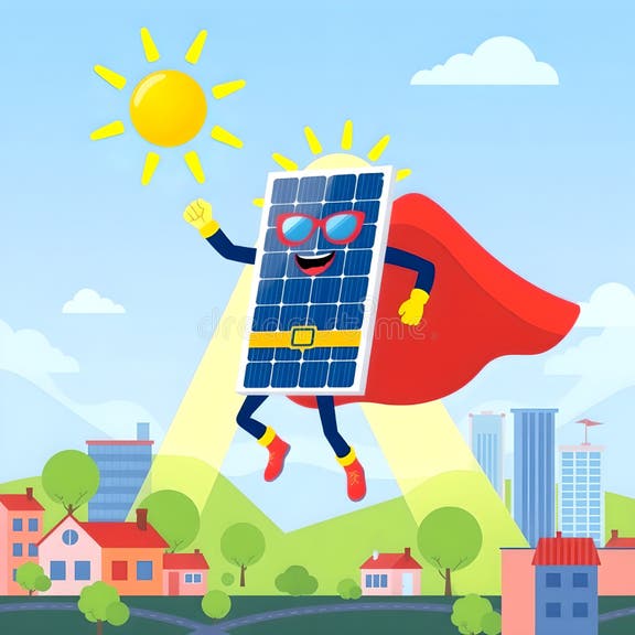 Flat Illustration of Giant Solar Panel Superhero Saving City with ...