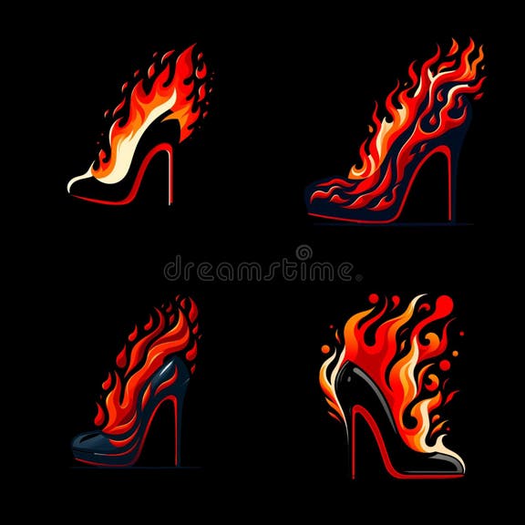 Set of Four High-Heeled Shoes with Flaming Heels on Black Background ...