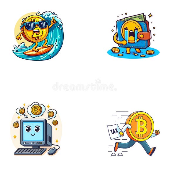 Set of Four Colorful Cartoon Illustrations: Surfing Sun, Happy Wallet ...