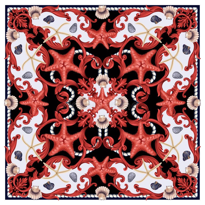 Design Scarf with Baroque Elements, Rope, Sea Stars. Vector. Stock ...