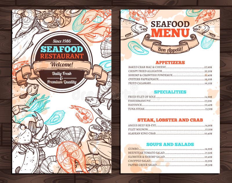 Design of Seafood Menu in Sketch Style Stock Vector - Illustration of ...
