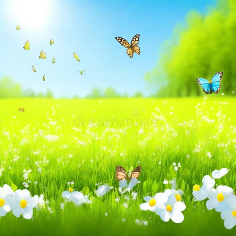 Spring Background with Forest, White Flowers and Yellow Butterflies on ...