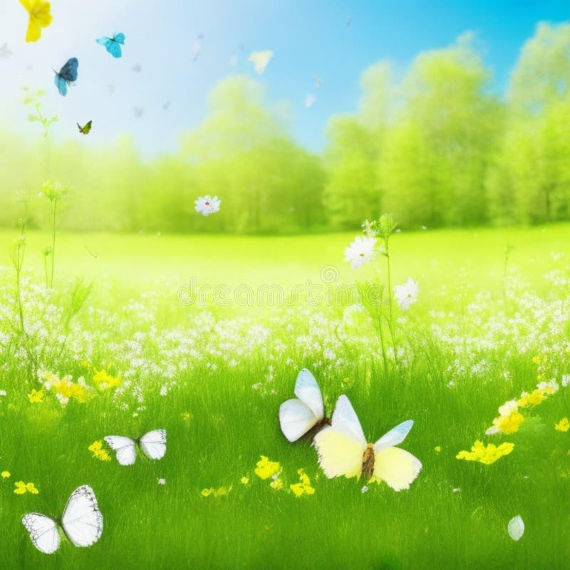 Spring Background with Forest, White Flowers and Yellow Butterflies on ...