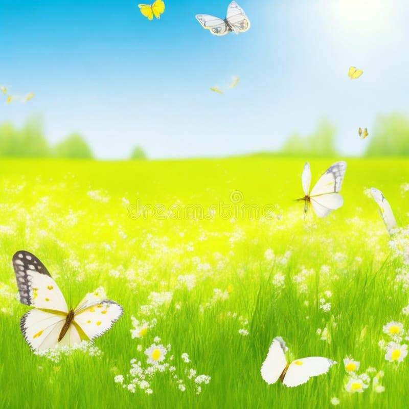 Spring Background with Forest, White Flowers and Yellow Butterflies on ...