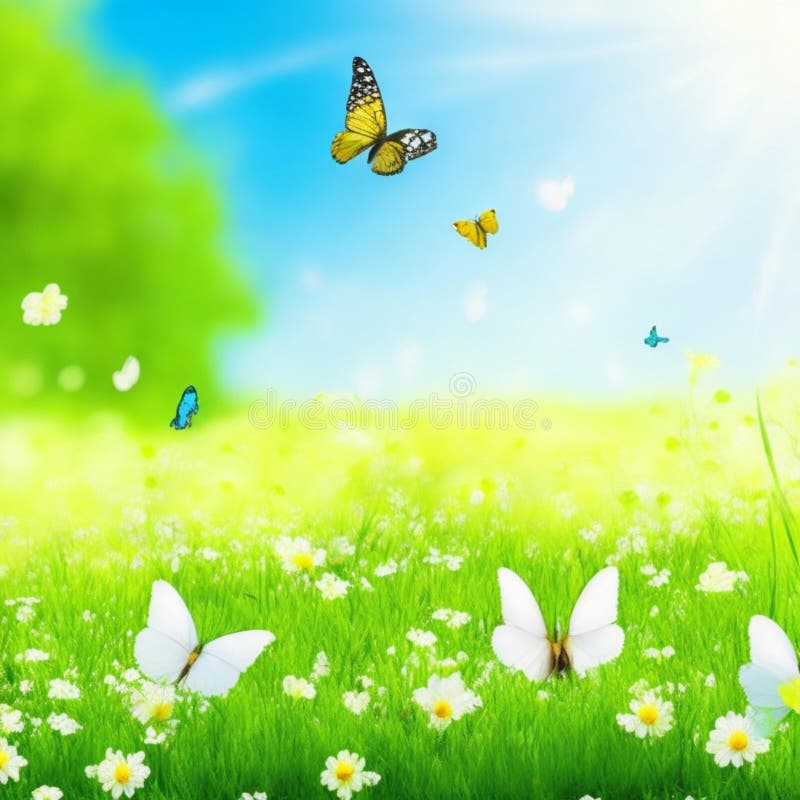 Spring Background with Forest, White Flowers and Yellow Butterflies on ...