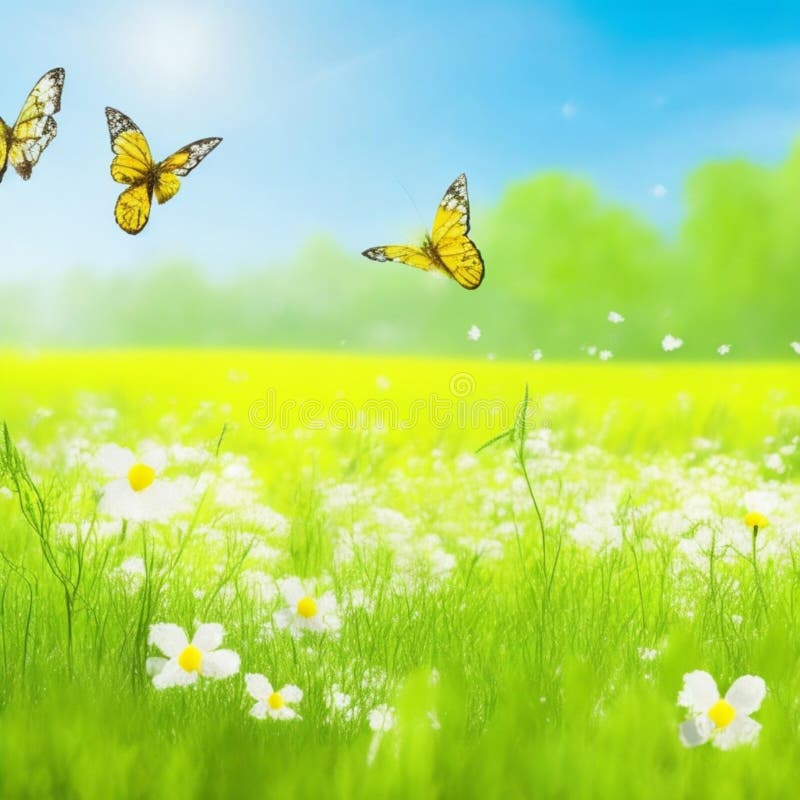 Spring Background with Forest, White Flowers and Yellow Butterflies on ...