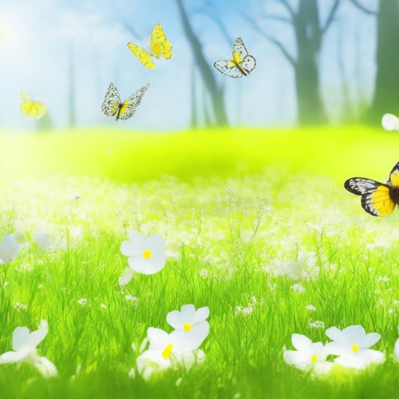 Spring Background with Forest, White Flowers and Yellow Butterflies on ...