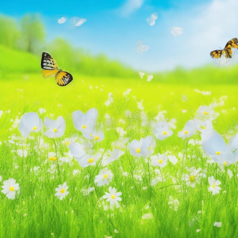 Spring Background with Forest, White Flowers and Yellow Butterflies on ...