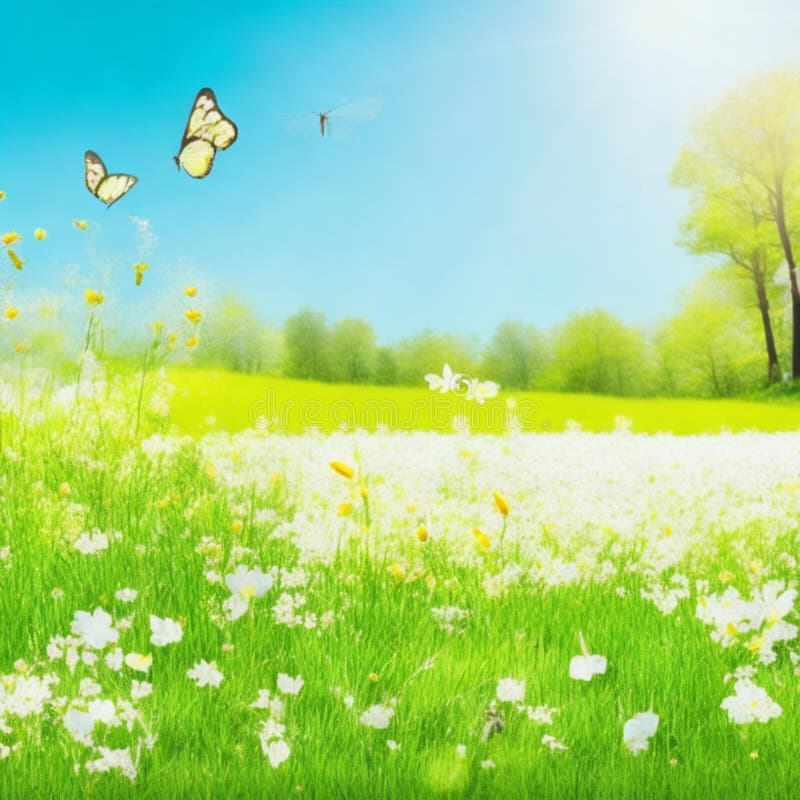 Spring Background with Forest, White Flowers and Yellow Butterflies on ...