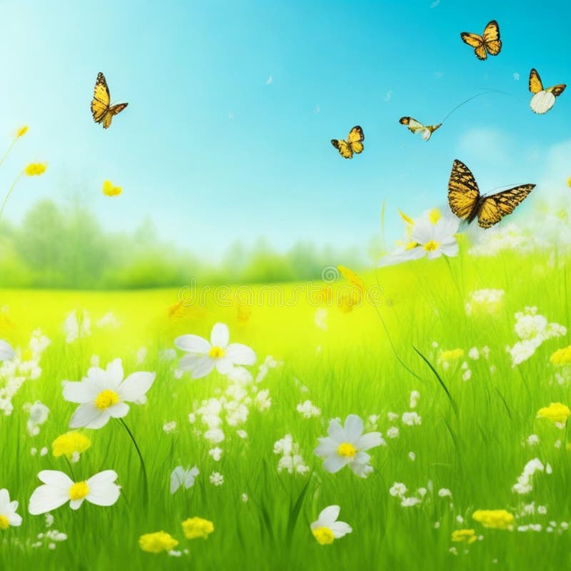 Spring Background with Forest, White Flowers and Yellow Butterflies on ...