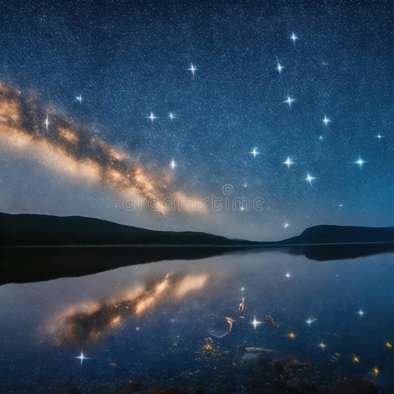 Starry Sky Reflected in Lake. Constellations. Night with Starry Sky ...