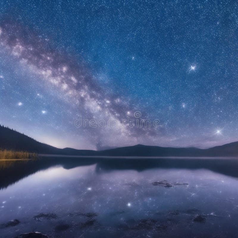 Starry Sky Reflected in Lake. Constellations. Night with Starry Sky ...