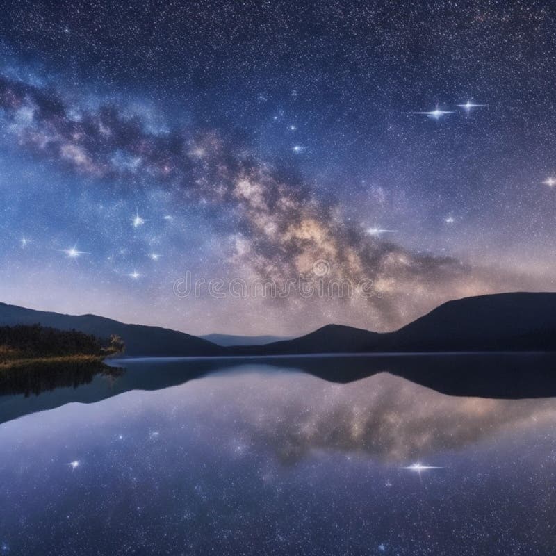 Starry Sky Reflected in Lake. Constellations. Night with Starry Sky ...