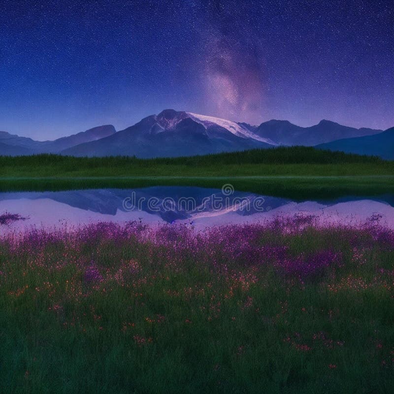 Flowering Field Under Starry Sky. Flowering Field beside Lake with ...