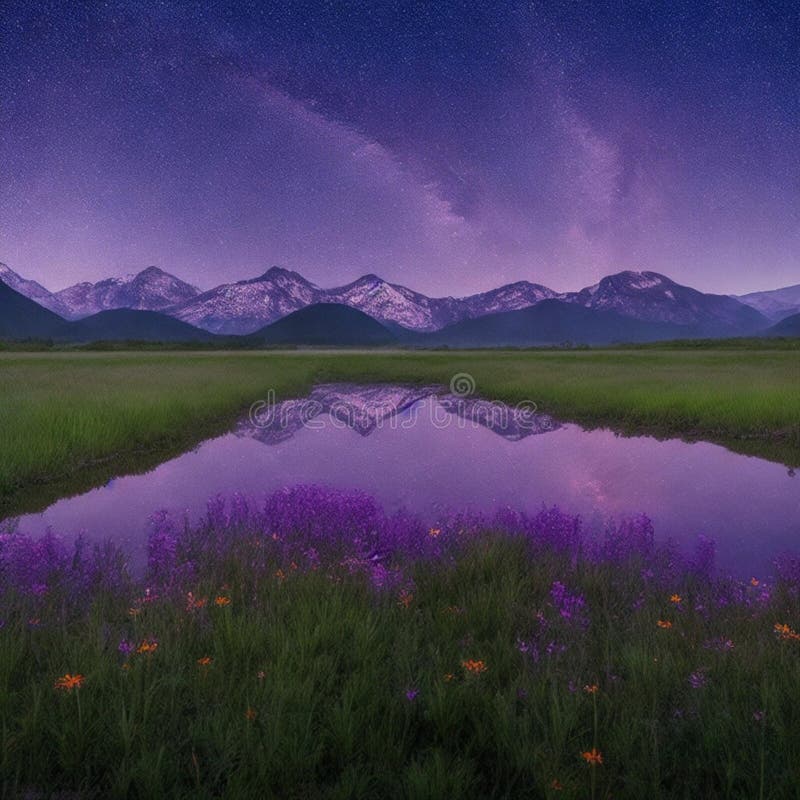 Flowering Field Under Starry Sky. Flowering Field beside Lake with ...