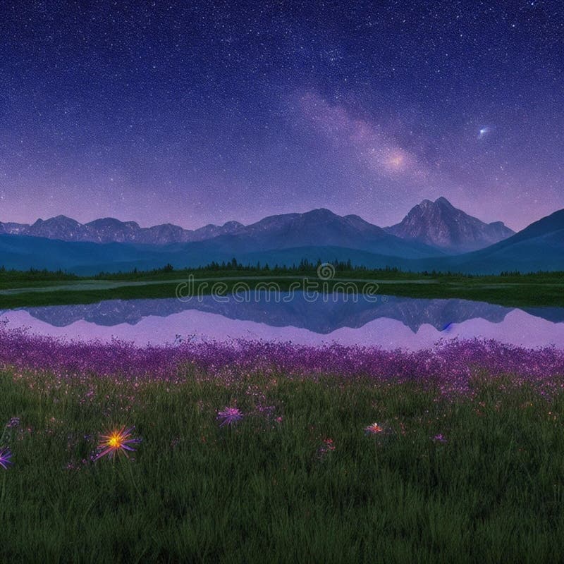 Flowering Field Under Starry Sky. Flowering Field beside Lake with ...