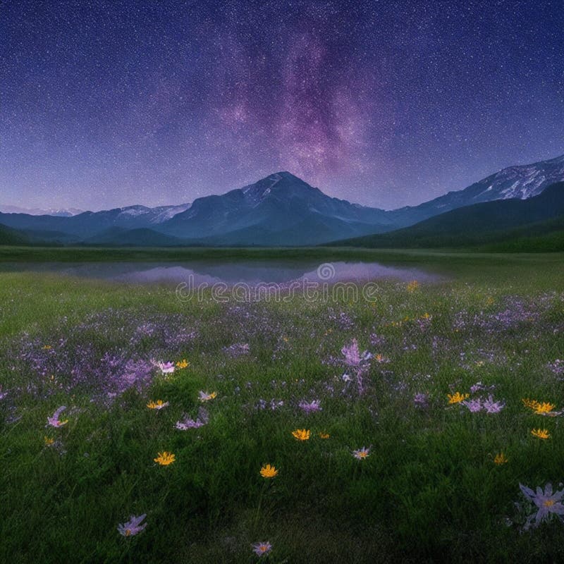 Flowering Field Under Starry Sky. Flowering Field beside Lake with ...