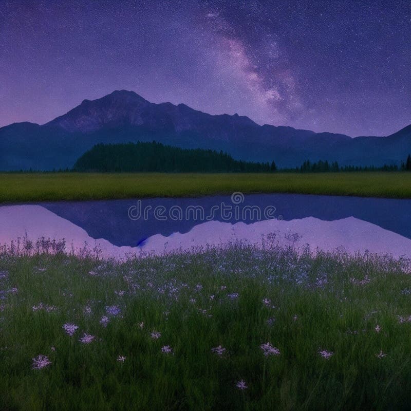 Flowering Field Under Starry Sky. Flowering Field beside Lake with ...