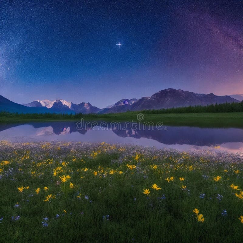 Flowering Field Under Starry Sky. Flowering Field beside Lake with ...