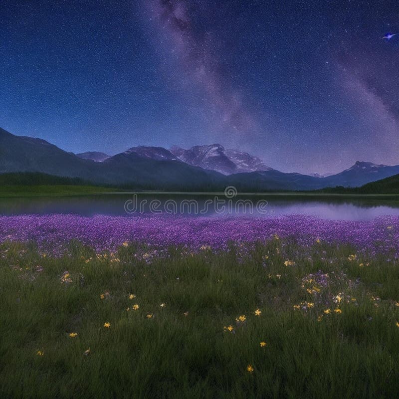 Flowering Field Under Starry Sky. Flowering Field beside Lake with ...