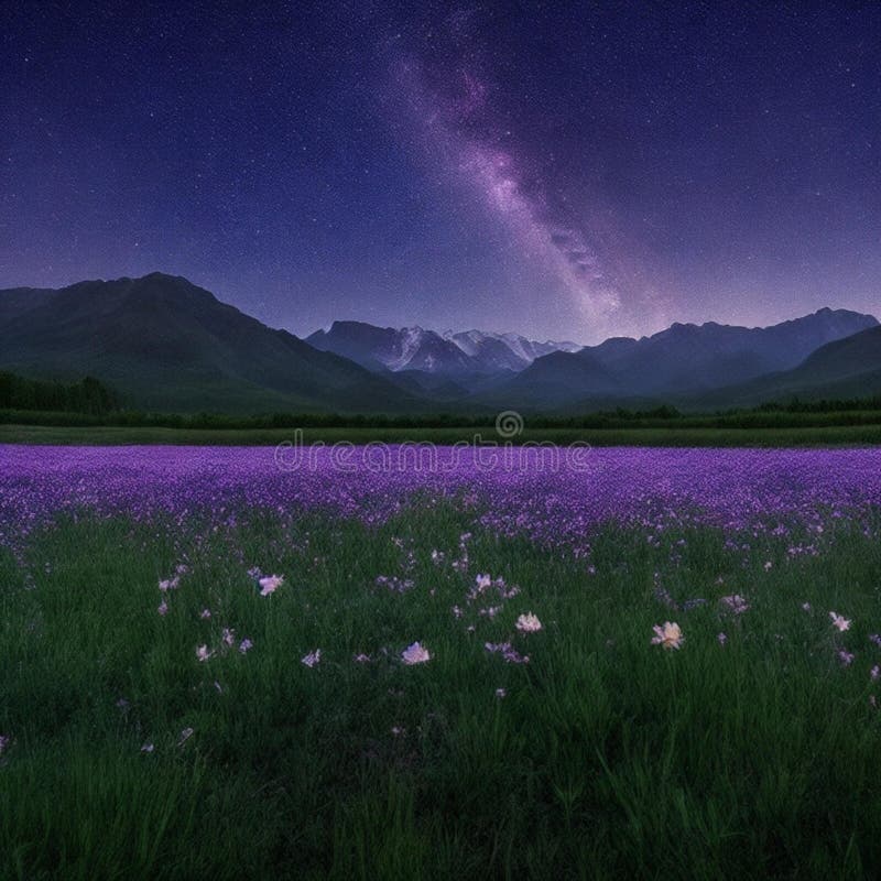 Flowering Field Under Starry Sky. Flowering Field beside Lake with ...