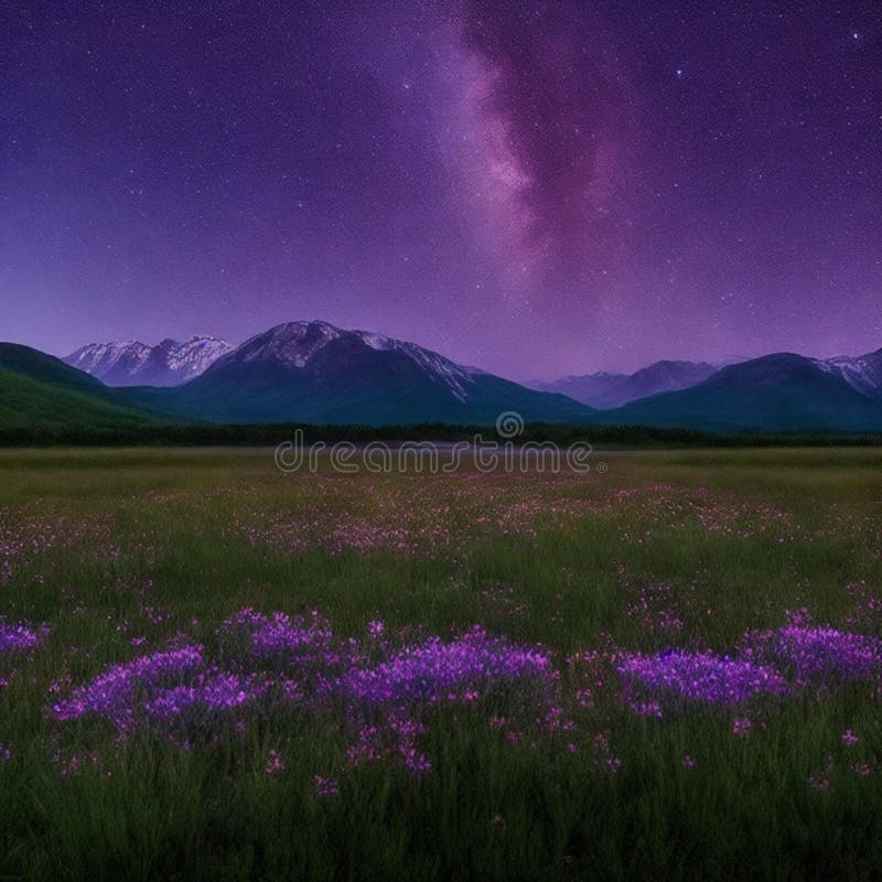Flowering Field Under Starry Sky. Flowering Field beside Lake with ...
