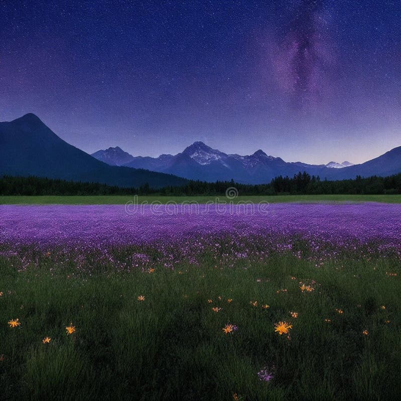 Flowering Field Under Starry Sky. Flowering Field beside Lake with ...