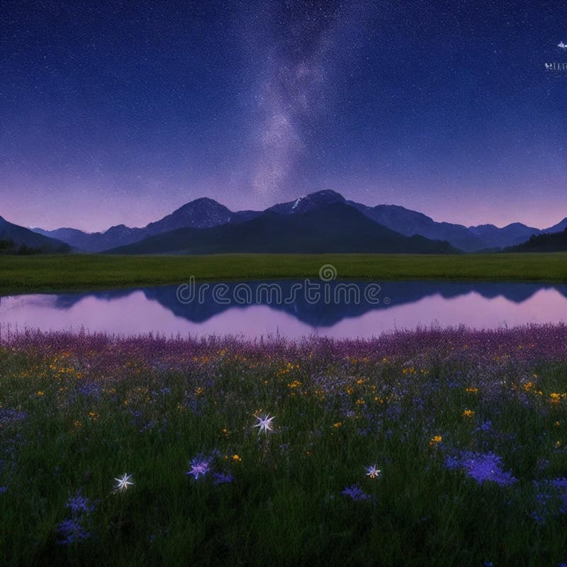 Flowering Field Under Starry Sky. Flowering Field beside Lake with ...