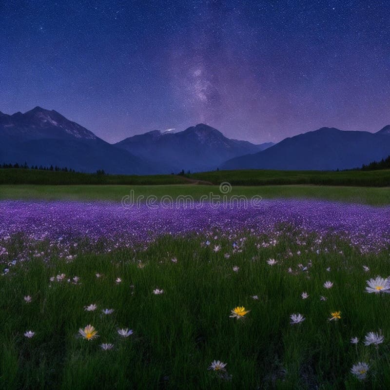 Flowering Field Under Starry Sky. Flowering Field beside Lake with ...