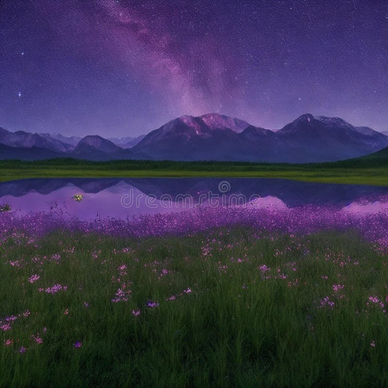 Flowering Field Under Starry Sky. Flowering Field beside Lake with ...