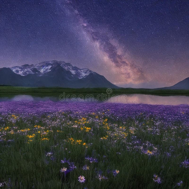 Flowering Field Under Starry Sky. Flowering Field beside Lake with ...