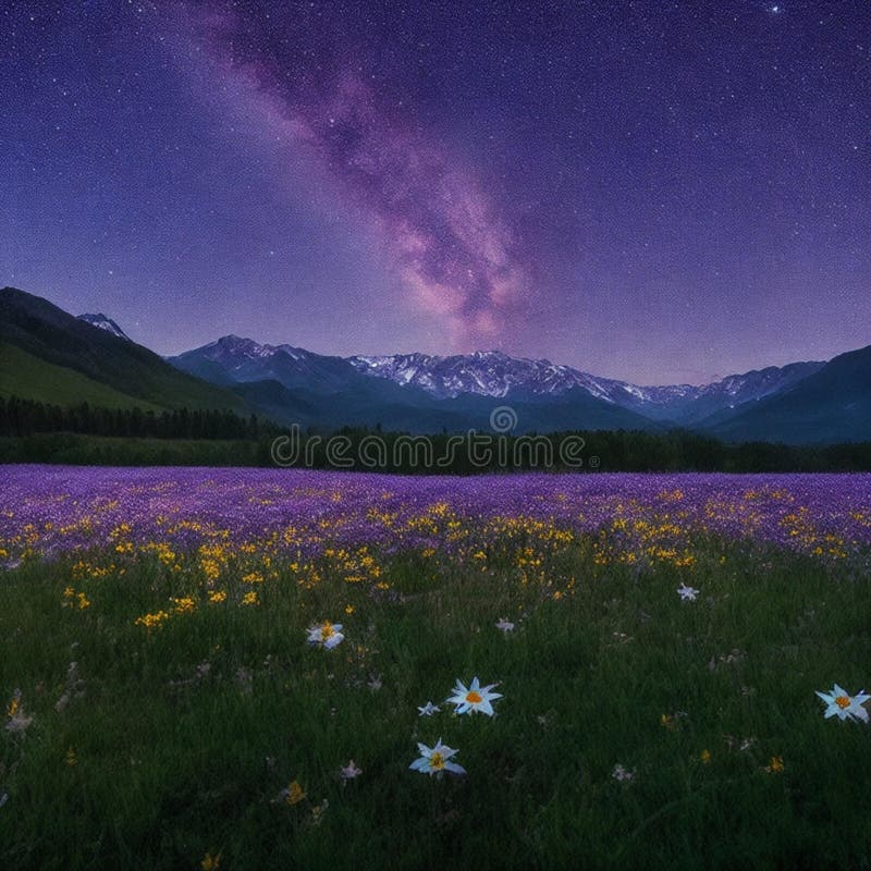 Flowering Field Under Starry Sky. Flowering Field beside Lake with ...