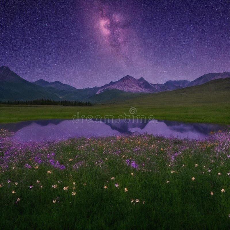 Flowering Field Under Starry Sky. Flowering Field beside Lake with ...